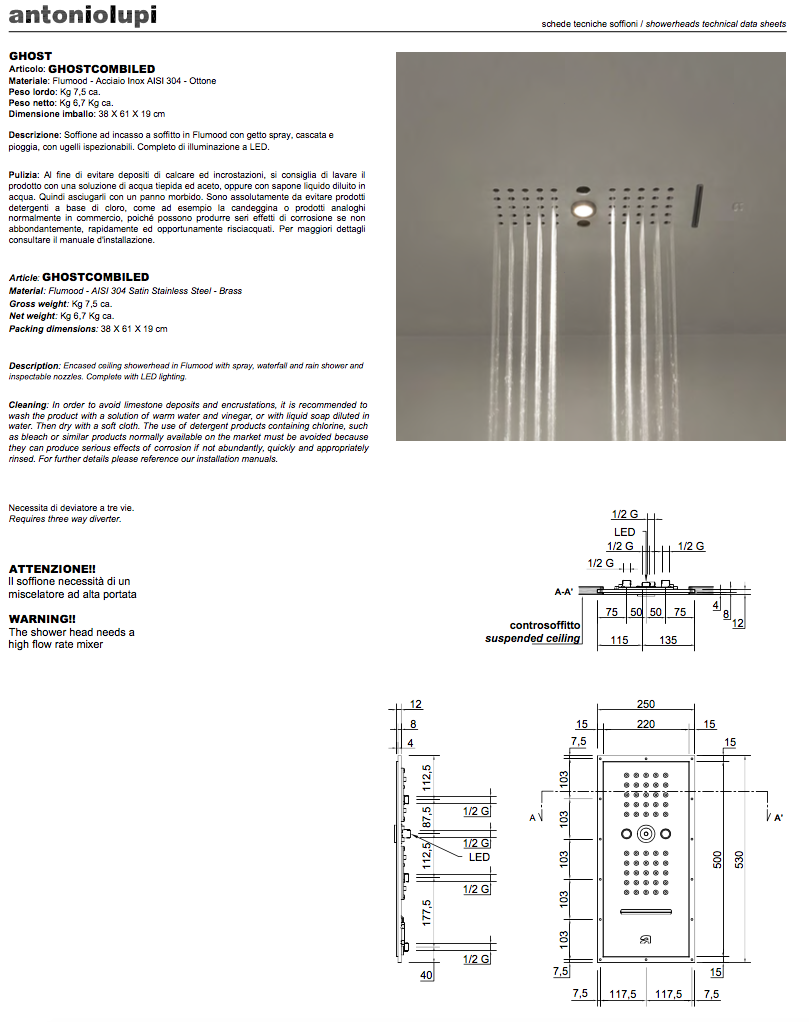 antoniolupi, Ghost_Combiled Showerhead with lighting | Bertani